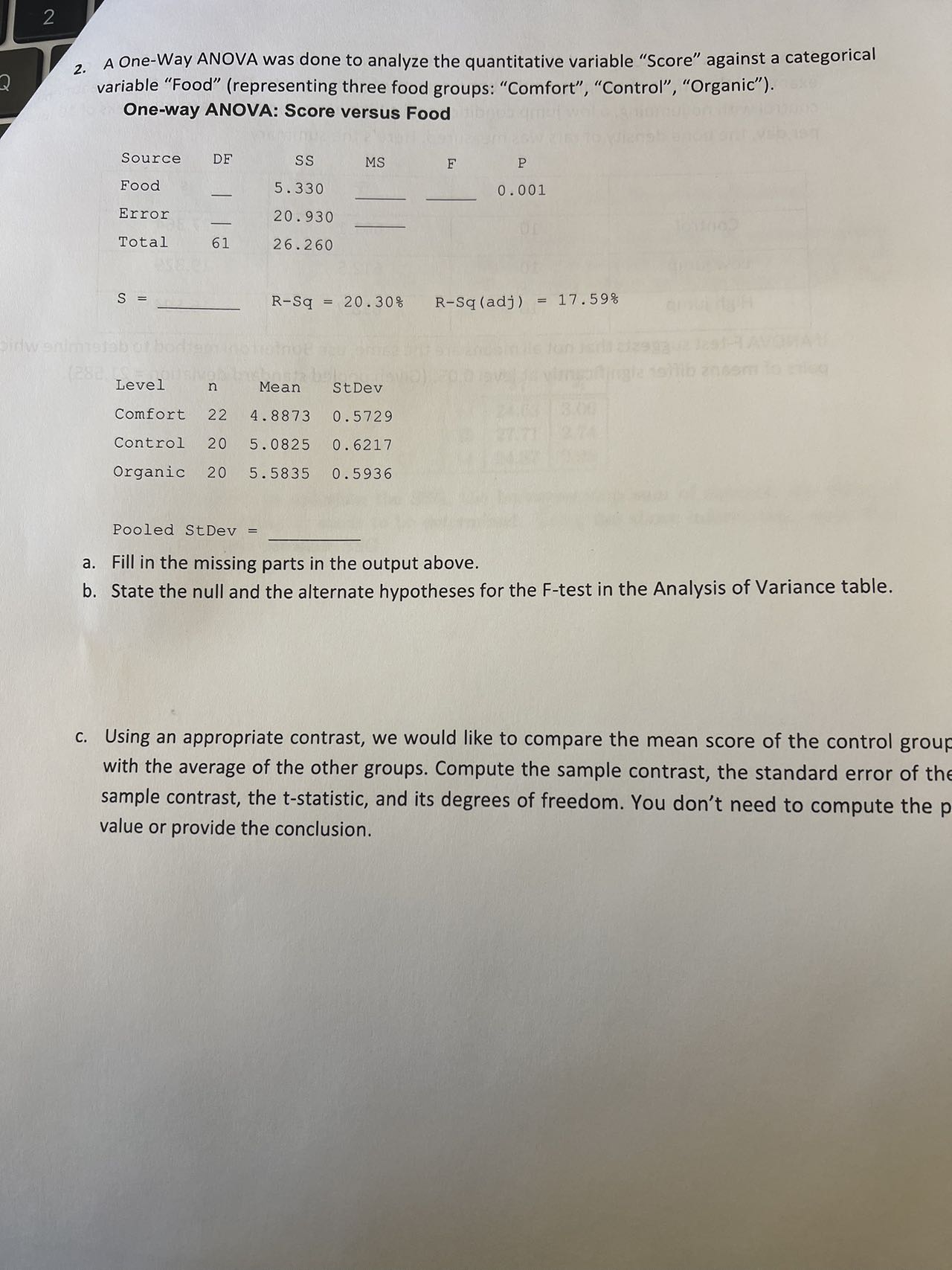 Solved A One-Way ANOVA was done to analyze the quantitative | Chegg.com