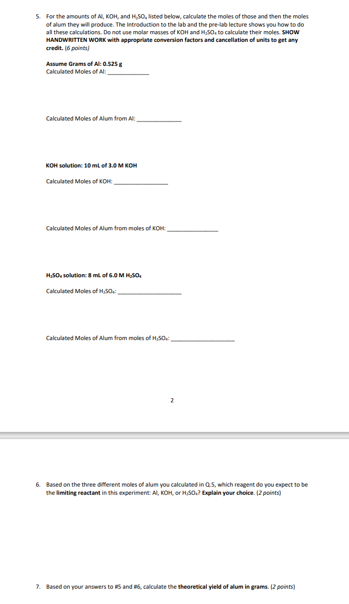 5. For the amounts of Al,KOH, and H2SO4 listed below, | Chegg.com