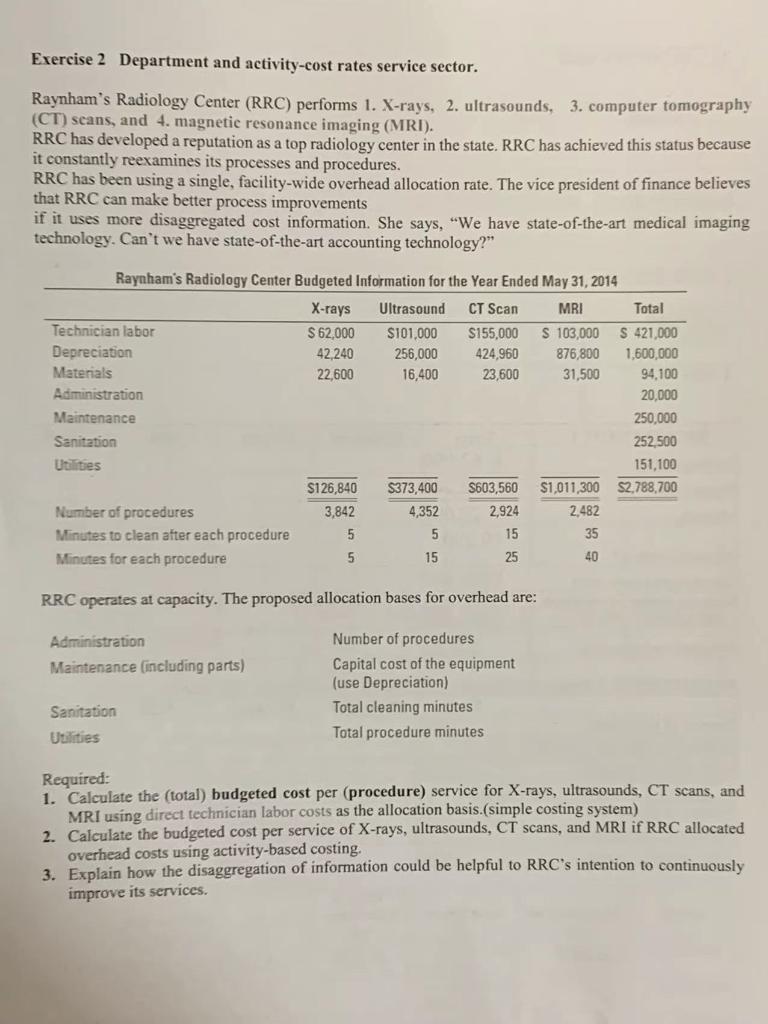 Solved Exercise 2 Department and activity-cost rates service | Chegg.com