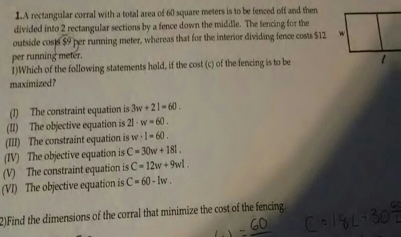 Solved 1.A rectangular corral with a total area of 60 square | Chegg.com