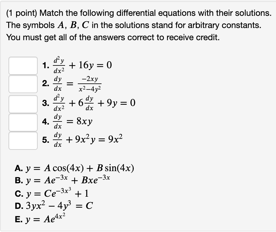 Solved (1 point) Match the following differential equations | Chegg.com
