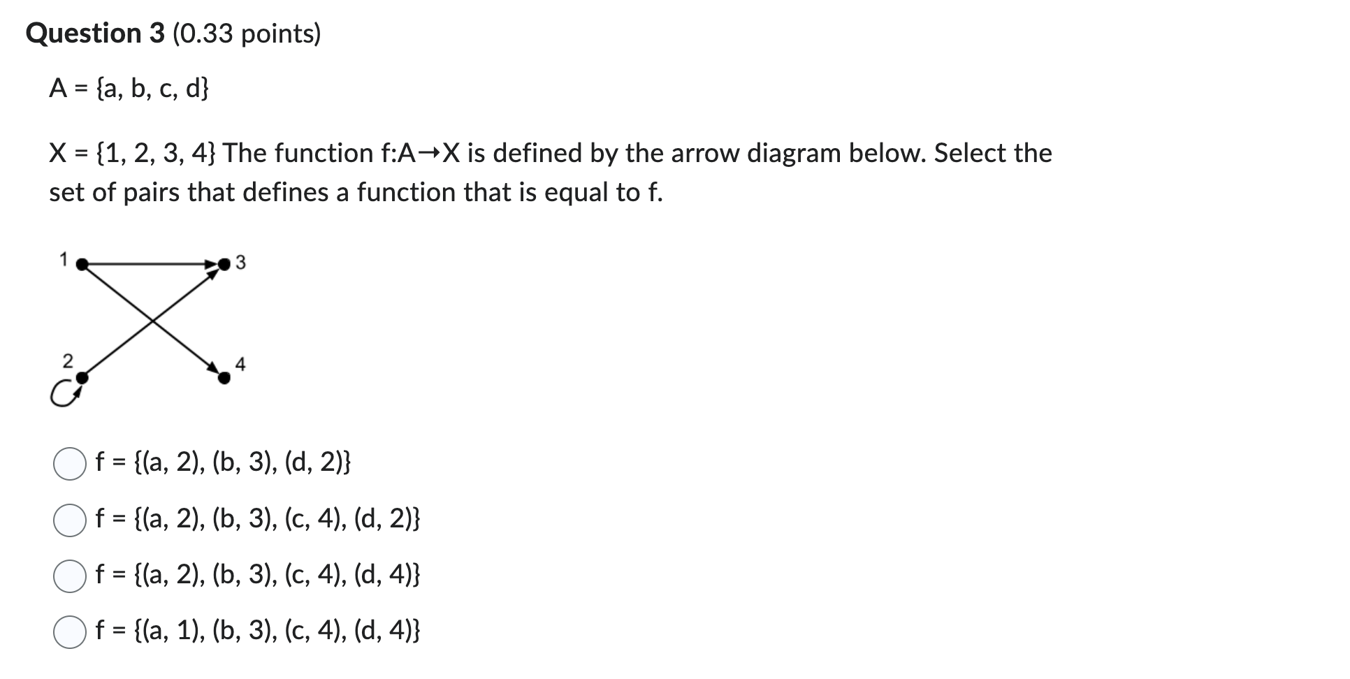 Solved Question 3 (0.33 points) A = {a, b, c, d] X = {1, 2, | Chegg.com