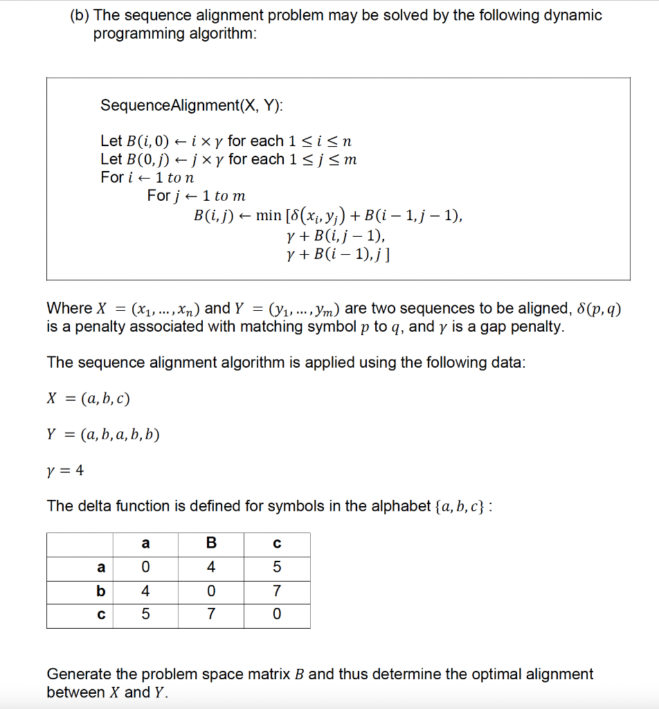 Solved (b) The sequence alignment problem may be solved by | Chegg.com