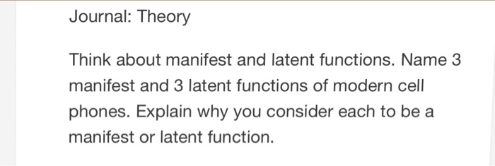 Solved Journal: Theory Think about manifest and latent | Chegg.com Solved Journal: Theory Think about manifest and latent | Chegg.com