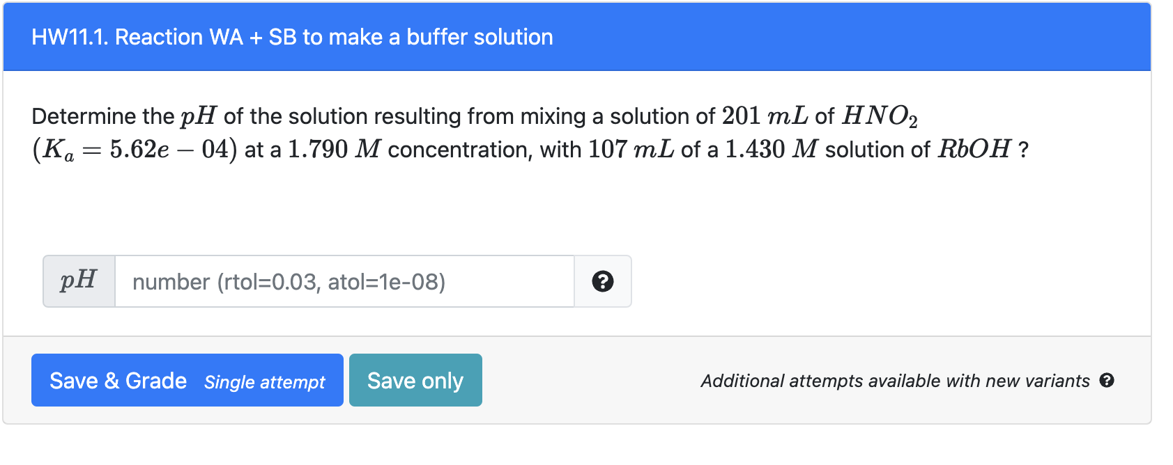 Solved HW11.1. Reaction WA + SB to make a buffer solution | Chegg.com