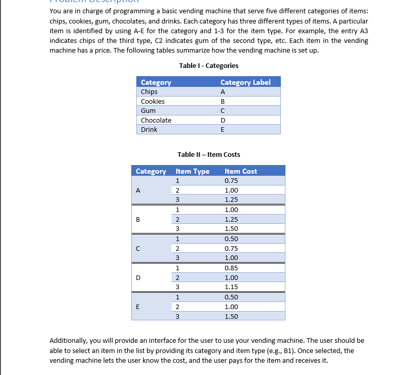 Solved You are in charge of programming a basic vending | Chegg.com