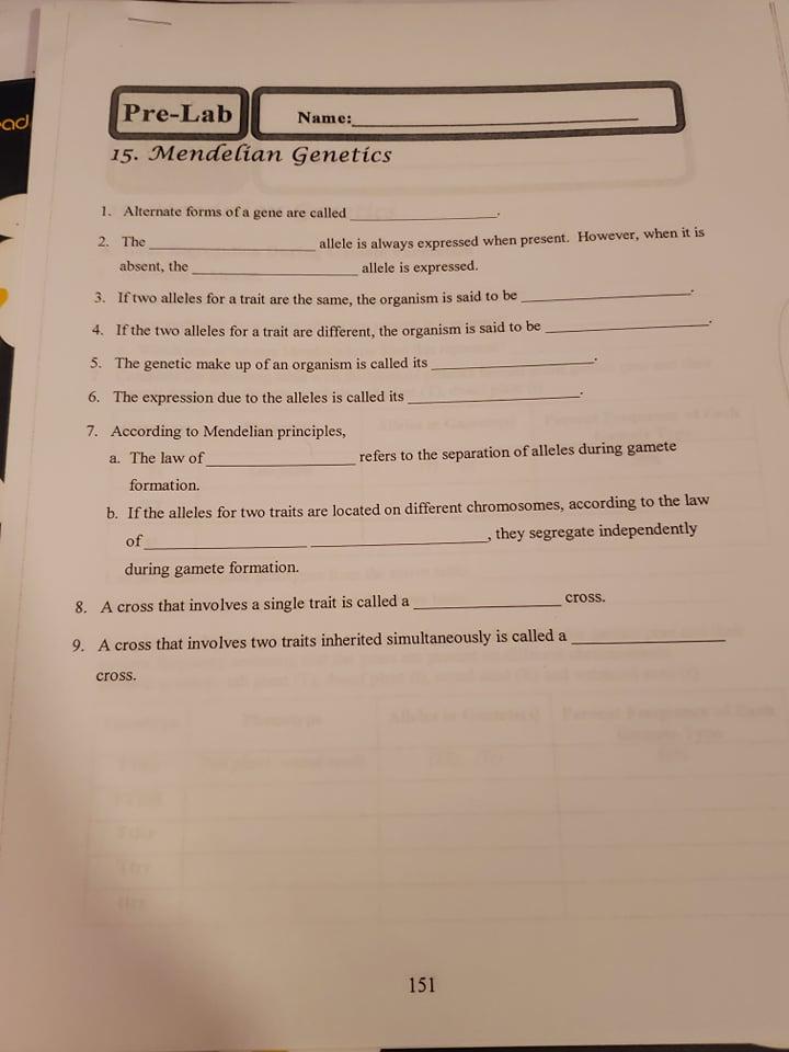 Solved Pre-Lab -ad Name: 15. Mendelian Genetics 1. Alternate | Chegg.com