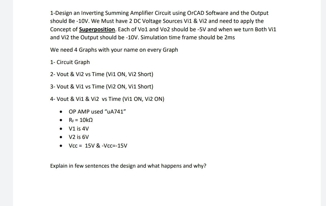 Solved 1-Design an Inverting Summing Amplifier Circuit using | Chegg.com