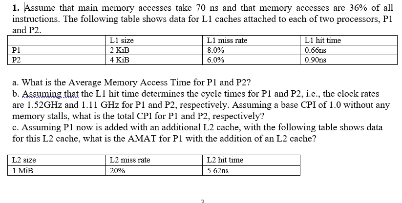 Solved 1. (Assume that main memory accesses take 70 ns and | Chegg.com
