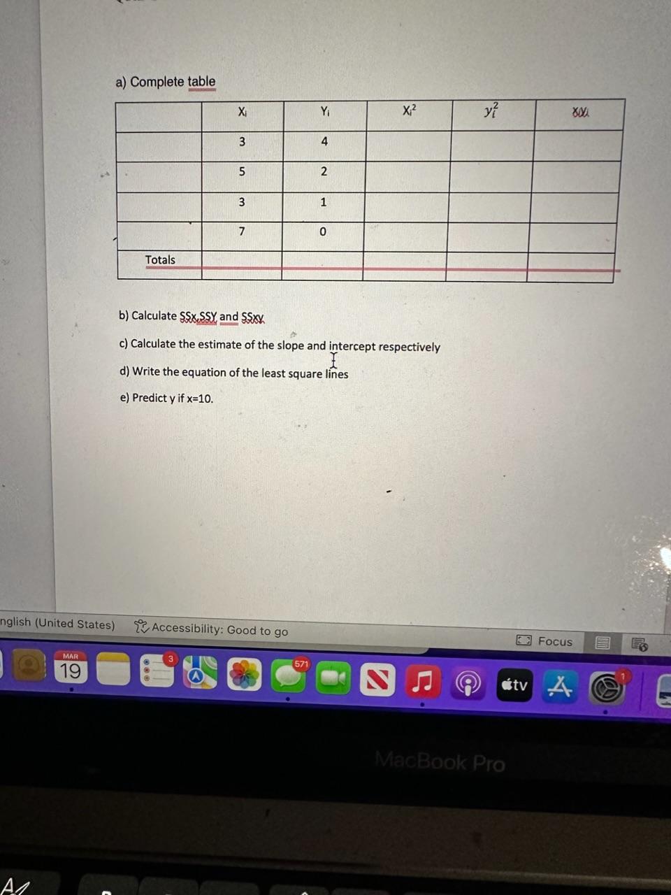 Solved a) Complete table b) Calculate SSx SSY and SSx c) | Chegg.com