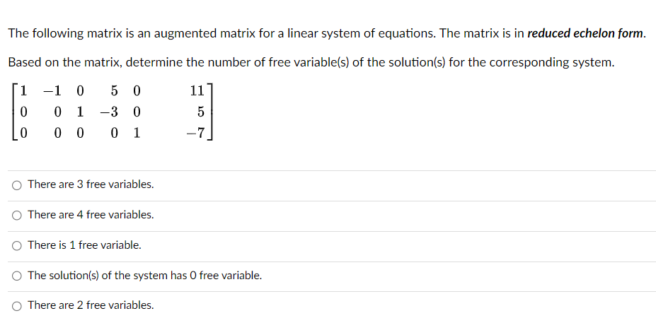 Solved The following matrix is an augmented matrix for a | Chegg.com