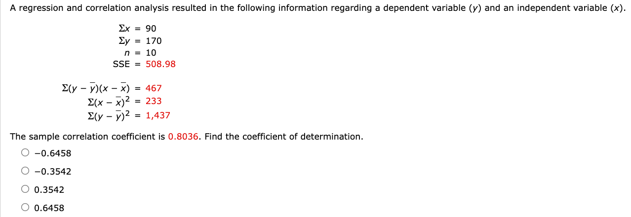 Solved A regression and correlation analysis resulted in the | Chegg.com