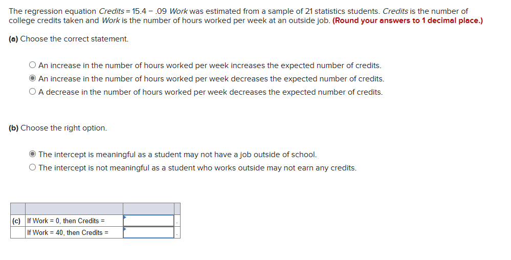 Solved The regression equation Credits =15.4−.09 Work was | Chegg.com