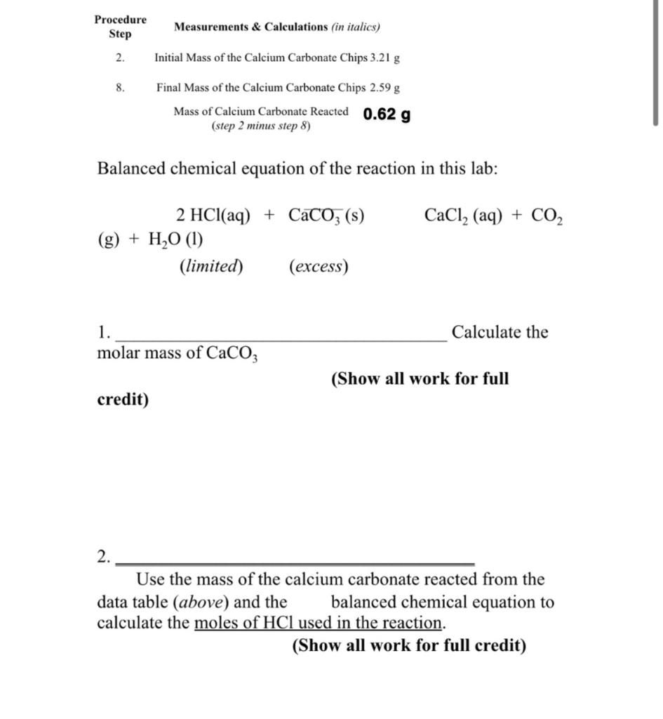 Solved Procedure Step Measurements & Calculations (in | Chegg.com