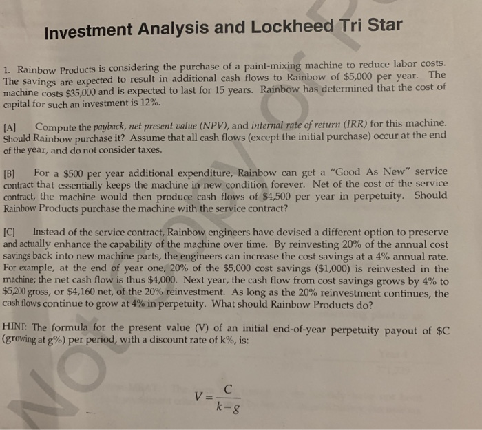 Solved Investment Analysis and Lockheed Tri Star 1. Rainbow | Chegg.com