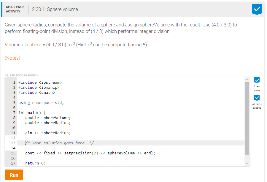 Solved Given sphereRadius, compute the volume of a sphere | Chegg.com