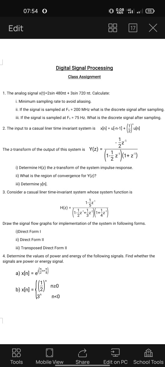 Solved 07:54 O 08.03 (93) Edit X Digital Signal Processing | Chegg.com
