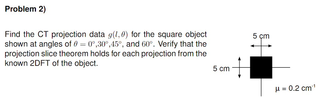 Problem 2) Find the CT projection data g(1,0) for the | Chegg.com