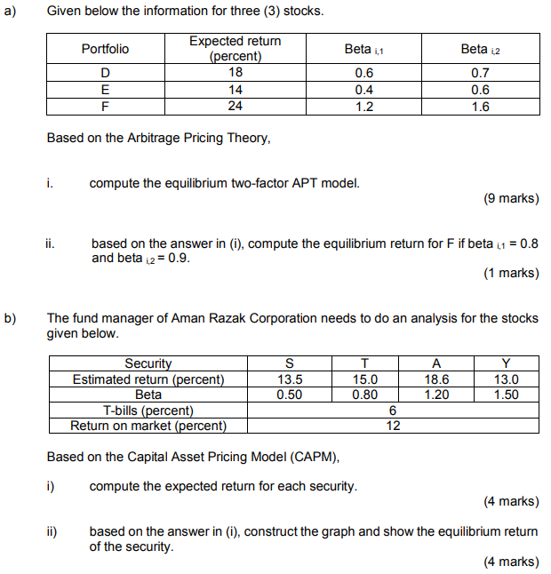 Solved a) Given below the information for three (3) stocks. | Chegg.com