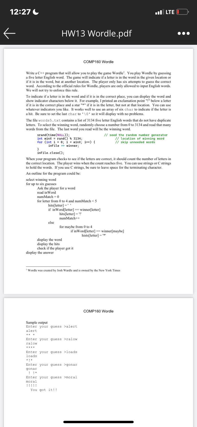 Solved 12:27 LTE O HW13 Wordle.pdf COMP160 Wordle Write a | Chegg.com