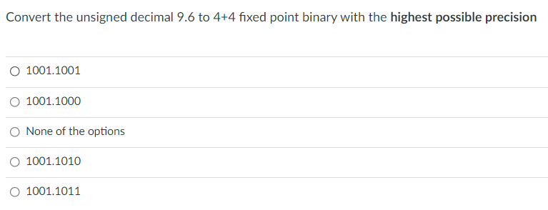 Solved Convert the unsigned decimal 9.6 to 4+4 fixed point | Chegg.com