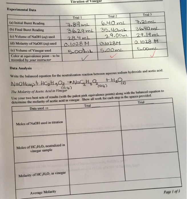 Solved Titration of Vinegar Experimental Data Trial 1 Trial | Chegg.com Solved Titration of Vinegar Experimental Data Trial 1 Trial | Chegg.com