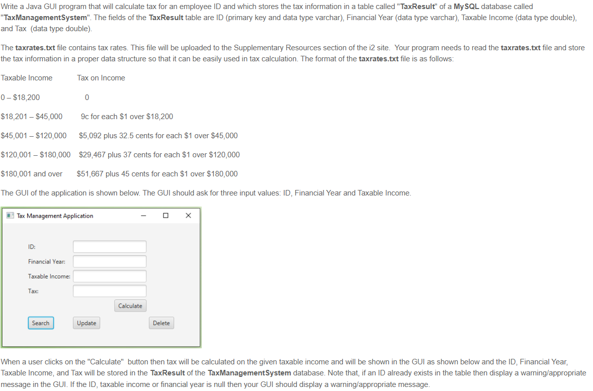 Solved Write a Java GUI program that will calculate tax for | Chegg.com