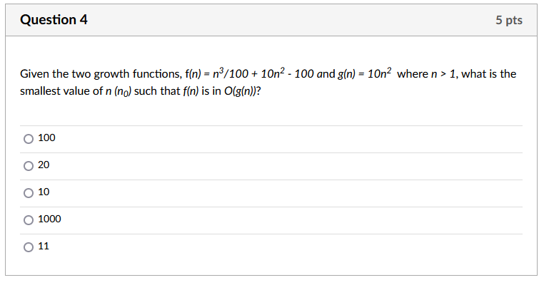 Solved Question 3 5 pts Given the two functions, f(n)= 2n²+ | Chegg.com