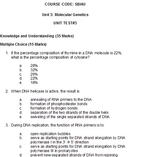 Solved COURSE CODE: SBI4UUnit 3: Molecular GeneticsUNIT TE | Chegg.com