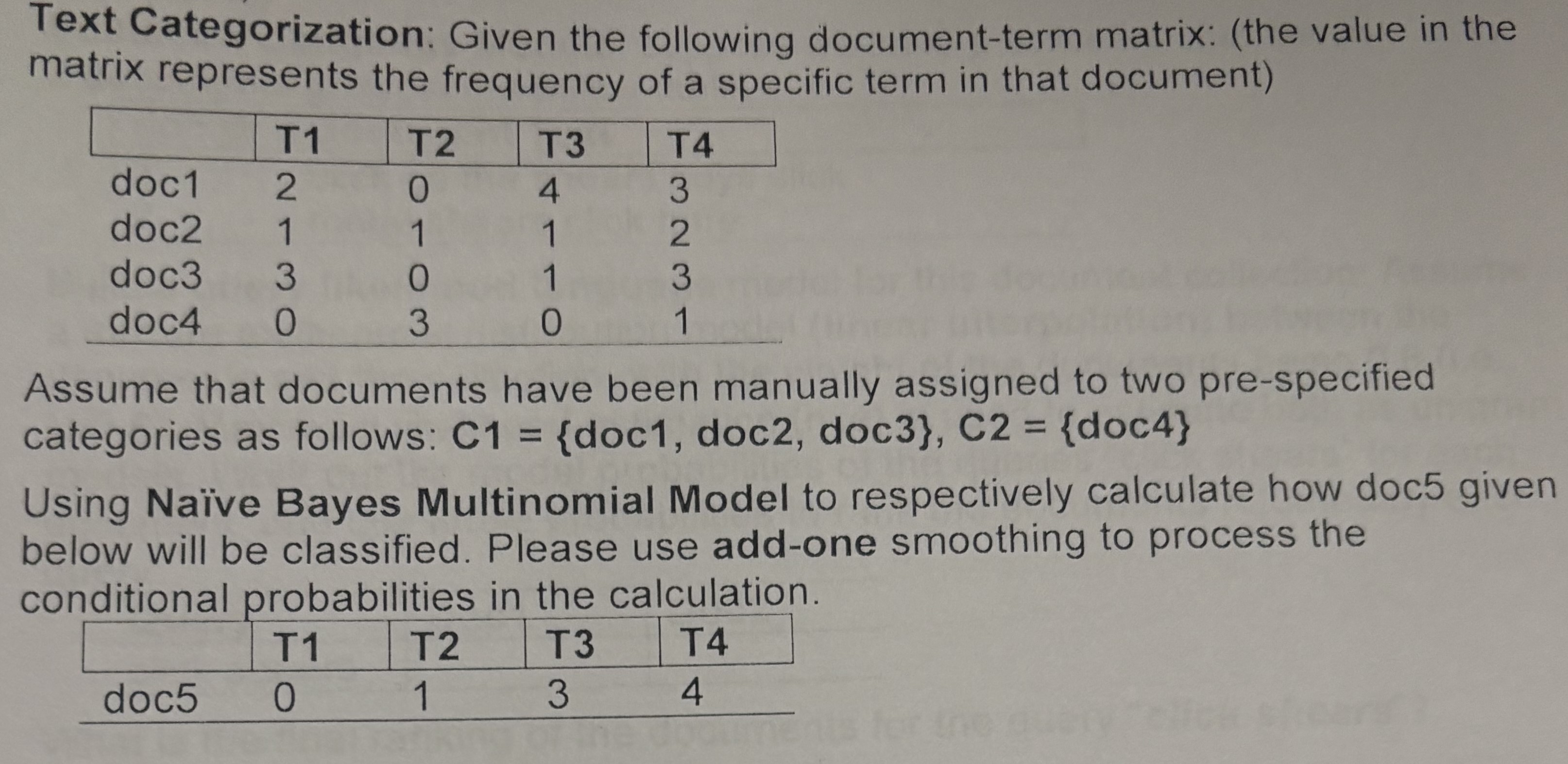 Solved Text Categorization: Given the following | Chegg.com