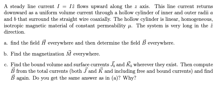 Solved A steady line current I = 12 flows upward along the z | Chegg.com