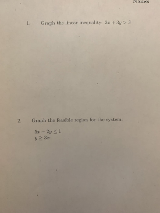 Solved Name: 1. Graph the linear inequality: 2x +3y > 3 2. | Chegg.com