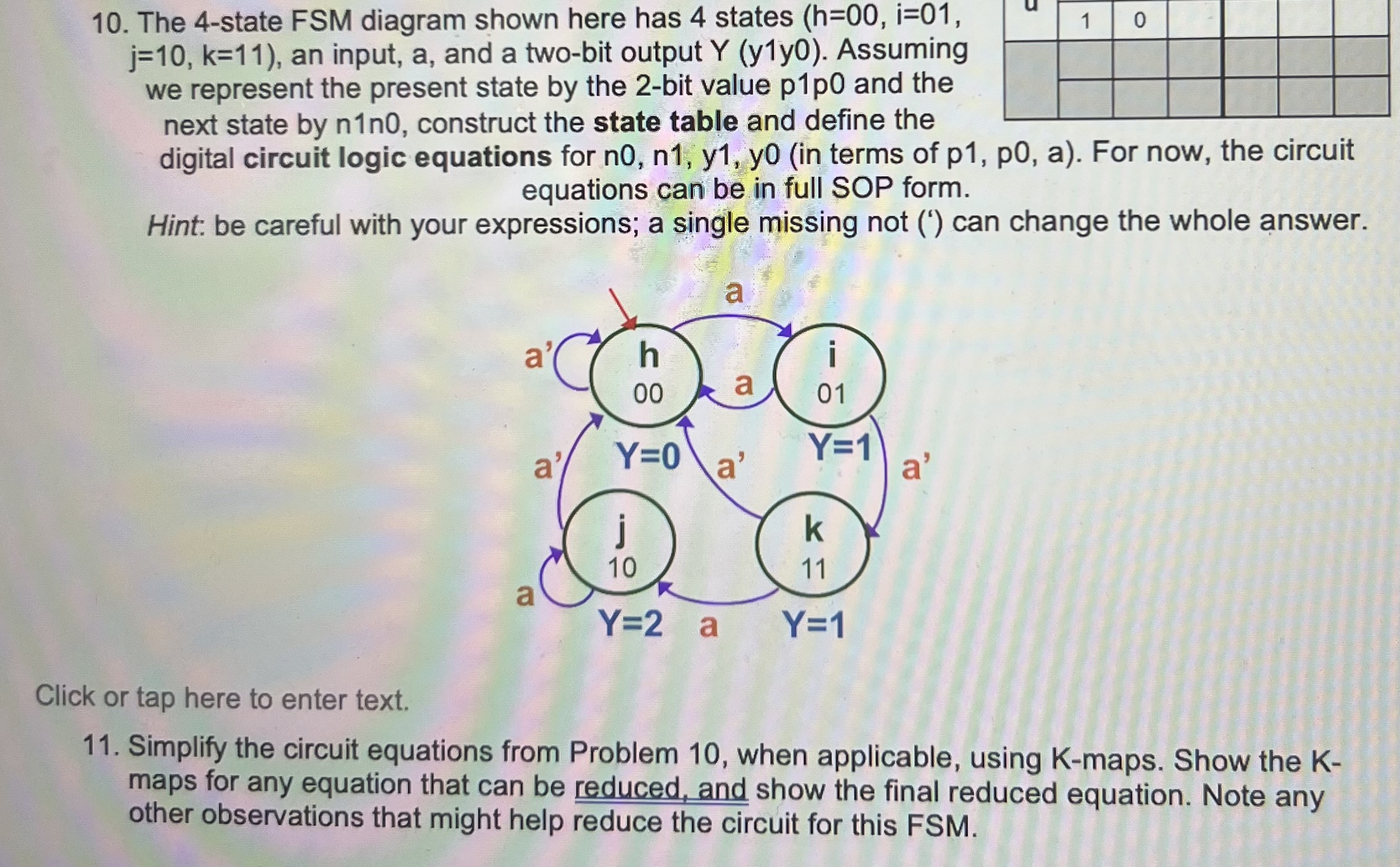 Solved 10. The 4-state FSM diagram shown here has 4 states | Chegg.com