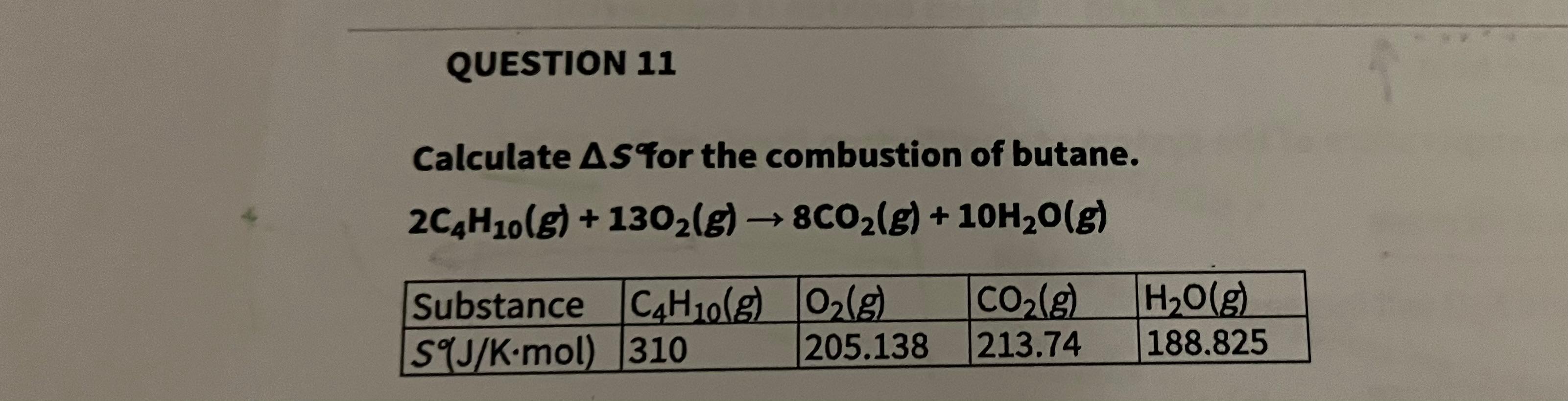 Solved QUESTION 11 Calculate ASfor the combustion of butane. | Chegg.com