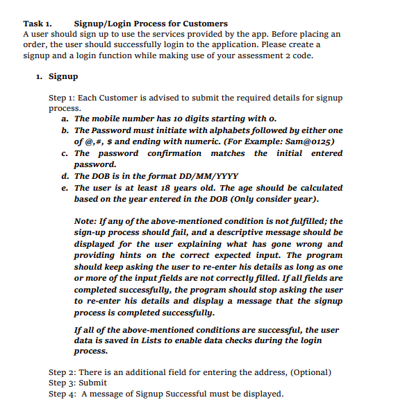 Solved Task 1. Signup/Login Process for Customers A user | Chegg.com