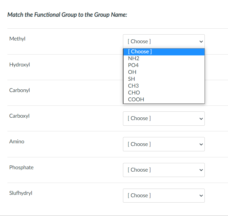 Solved Match the Functional Group to the Group Name: Methyl | Chegg.com