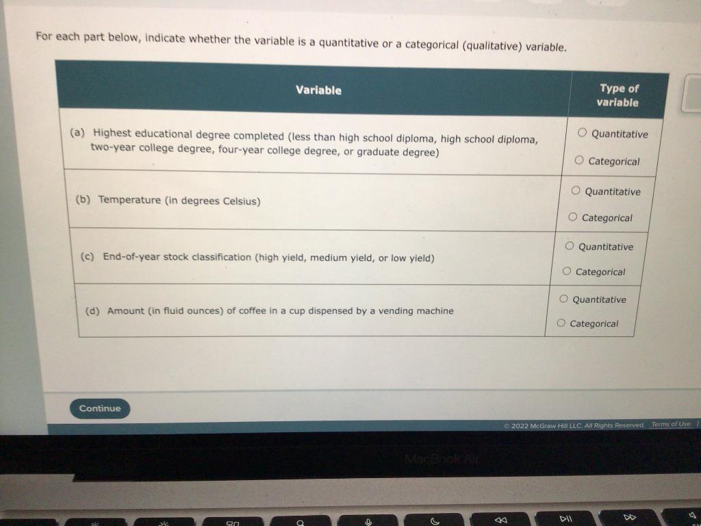 Solved For each part below, indicate whether the variable is | Chegg.com