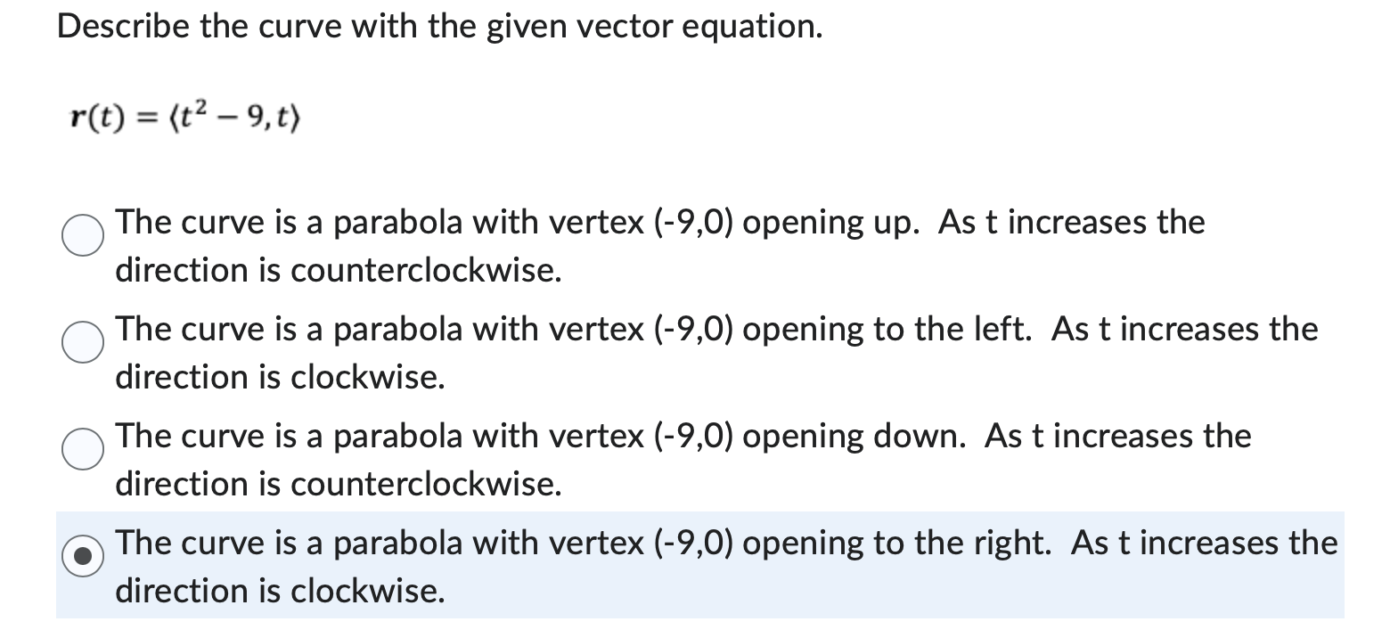 Solved Describe the curve with the given vector equation. | Chegg.com