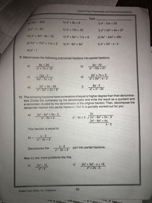 Solved Lesson Five: Polynomials and Rational Expressions | Chegg.com