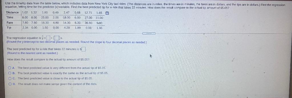Solved Use the time/tip data from the table below, which | Chegg.com