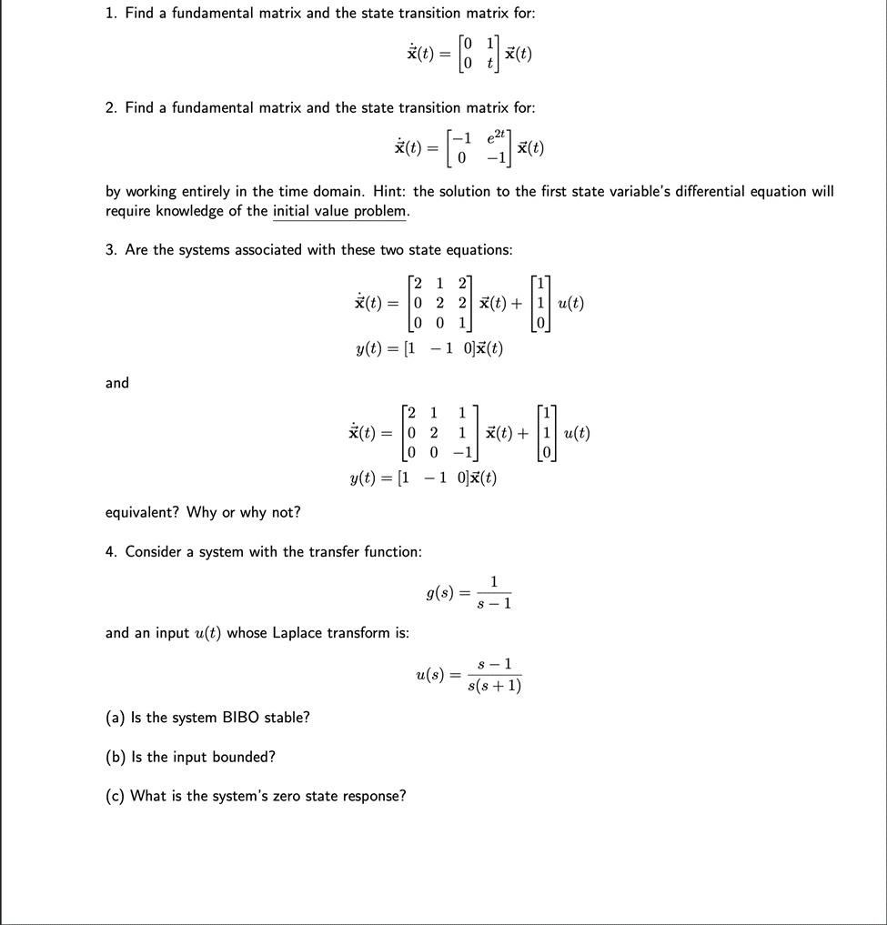 Solved 1. Find a fundamental matrix and the state transition | Chegg.com