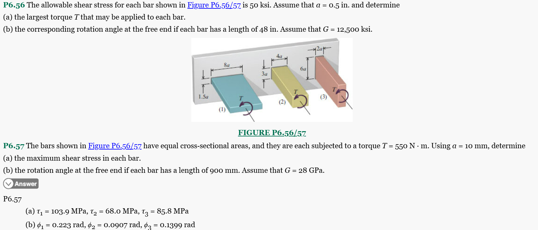 P6.56 ﻿The allowable shear stress for each bar shown | Chegg.com