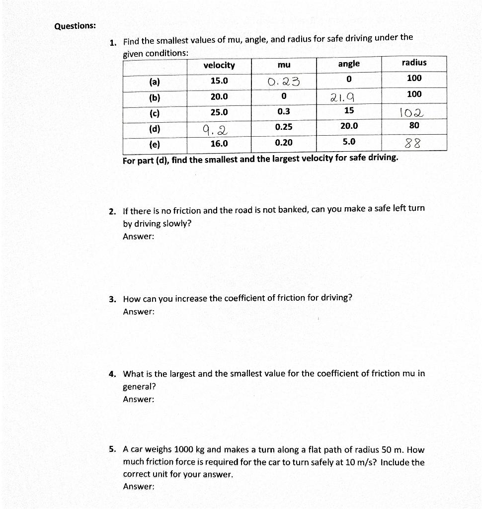 Solved 1. Find the smallest values of mu, angle, and radius | Chegg.com