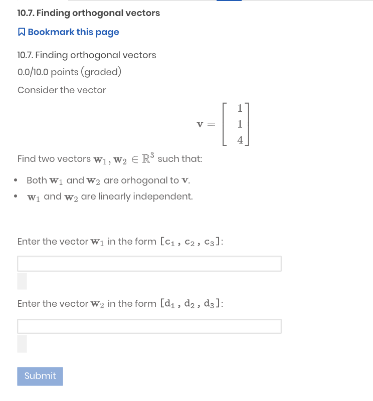Solved 10.7. Finding orthogonal vectors Bookmark this page | Chegg.com