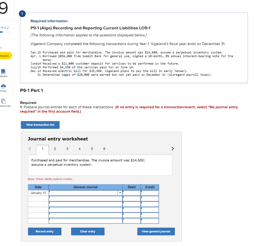 Solved - 1 of 2 Required information P9-1 (Algo) Recording | Chegg.com