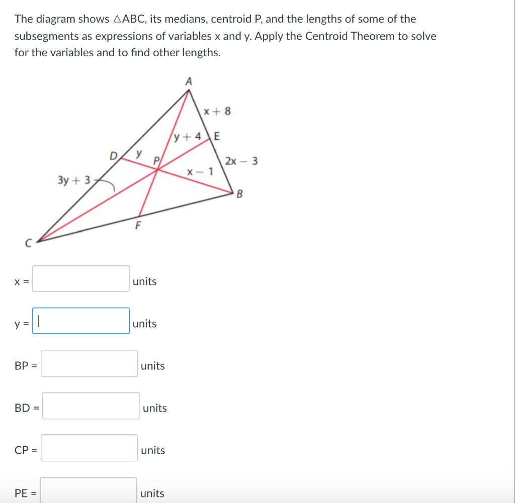Solved The diagram shows AABC, its medians, centroid P, and | Chegg.com