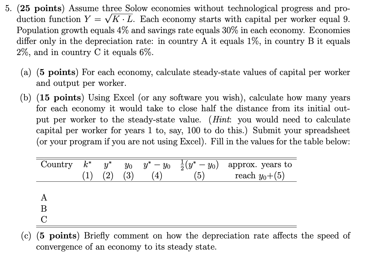 Solved 5. (25 points) Assume three Solow economies without | Chegg.com