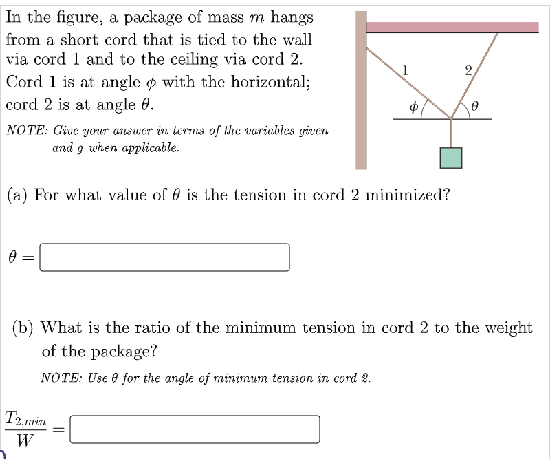 Solved In the figure, a package of mass m hangs from a short | Chegg.com
