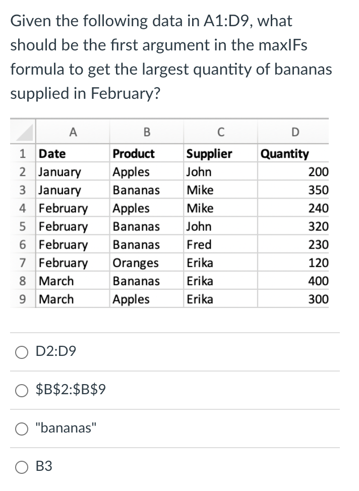 Solved Given the following data in A1D 9, what should be the | Chegg.com