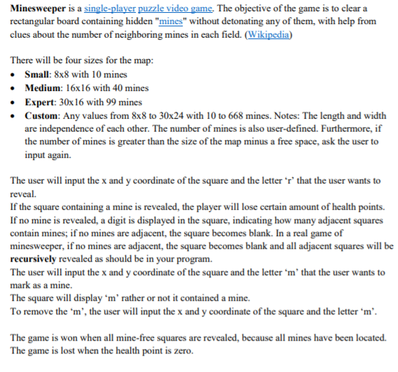 Minesweeper Game Implementation using C++ | Chegg.com